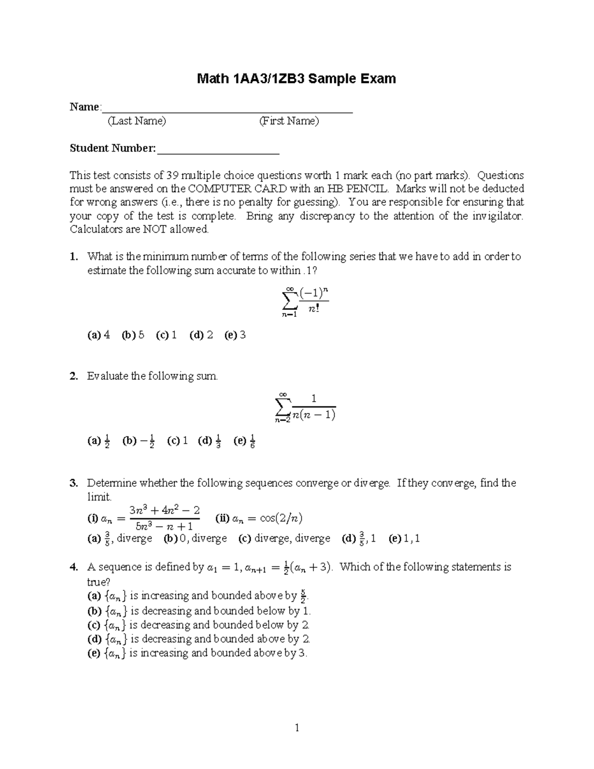 Calc 2 sample exam - Practice exam - Math 1AA3/1ZB3 Sample Exam - Studocu