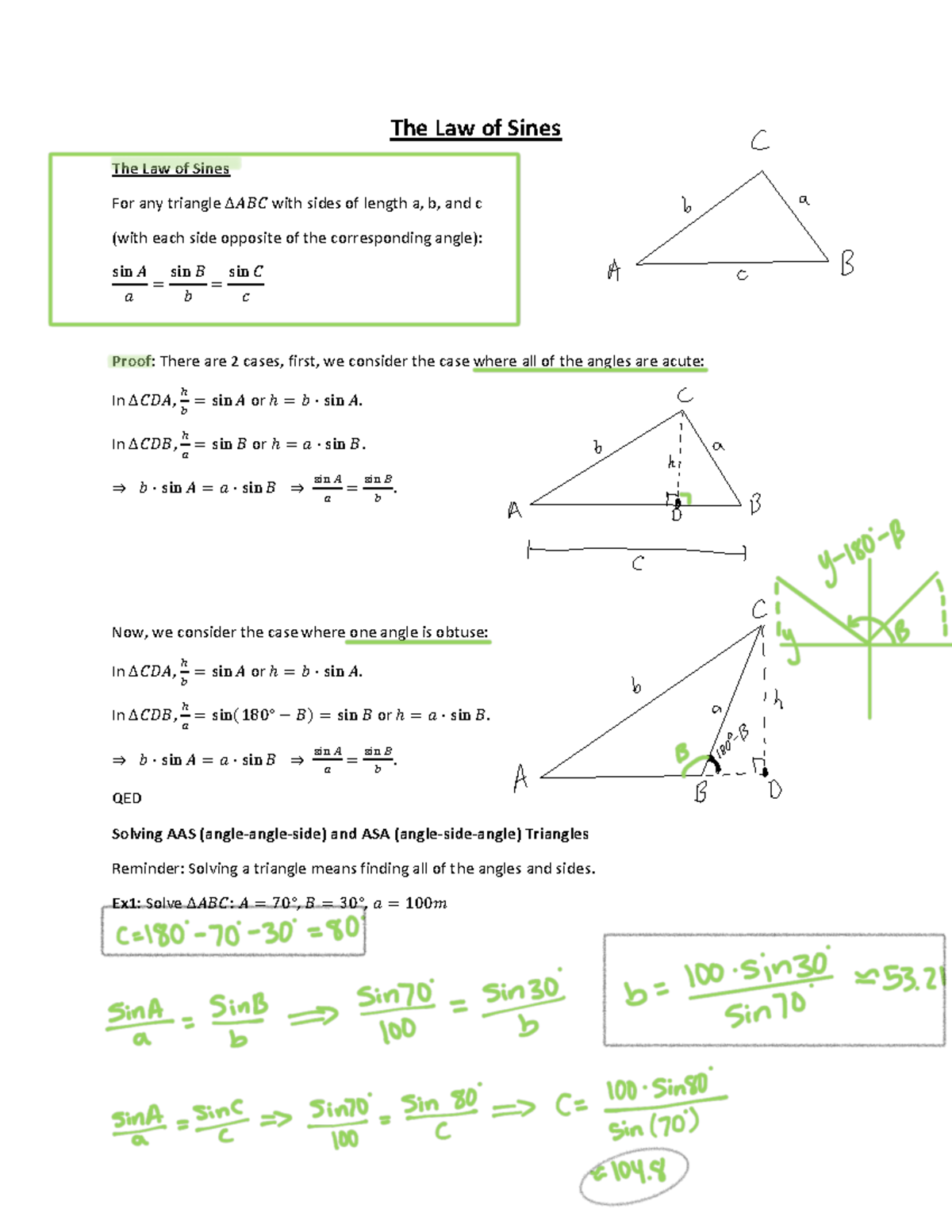 6.2 The Law of Sines - Flipped classroom lecture notes: Law of sine ...