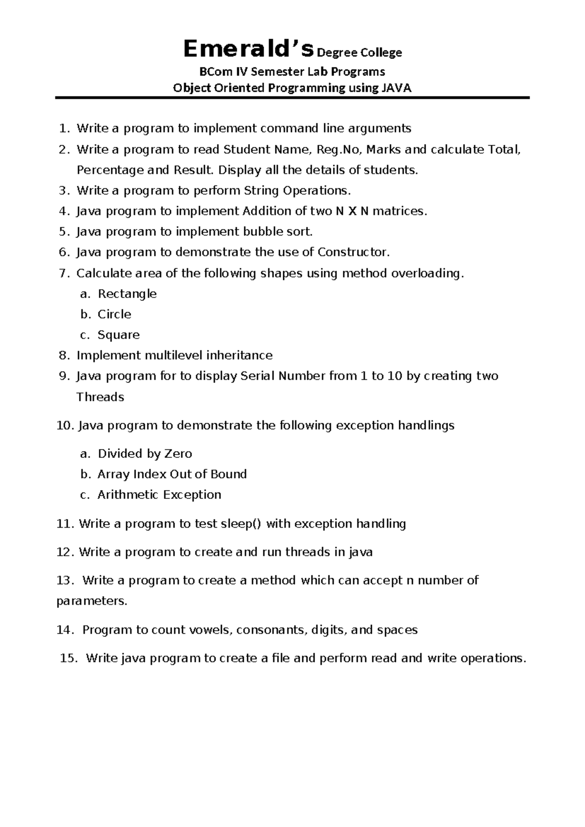 Bba Java Lab Programs Java Lab Emeralds Degree College Bcom Iv