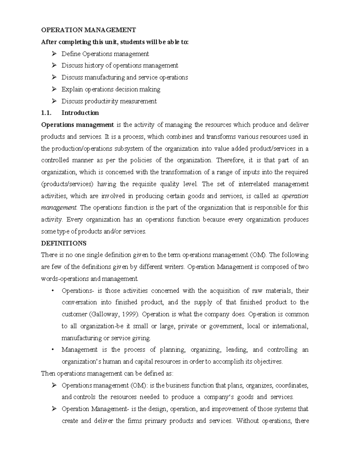 OM for marketing chapter one - OPERATION MANAGEMENT After completing this unit, students will be ...