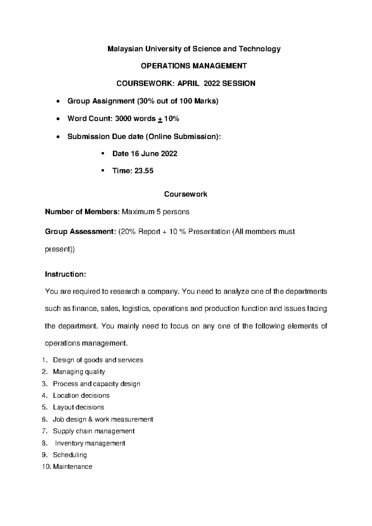 Group Assignment Operations Management April 2022 210422 Malaysian