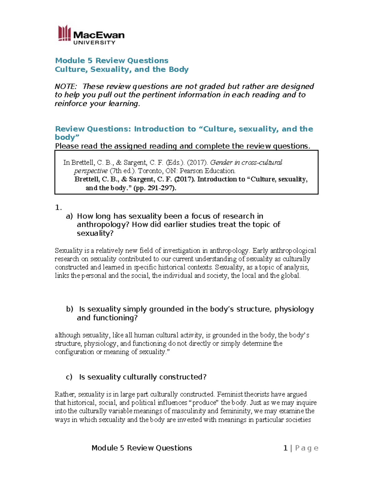 Module 5 review - Module 5 Review Questions Culture, Sexuality, and the ...