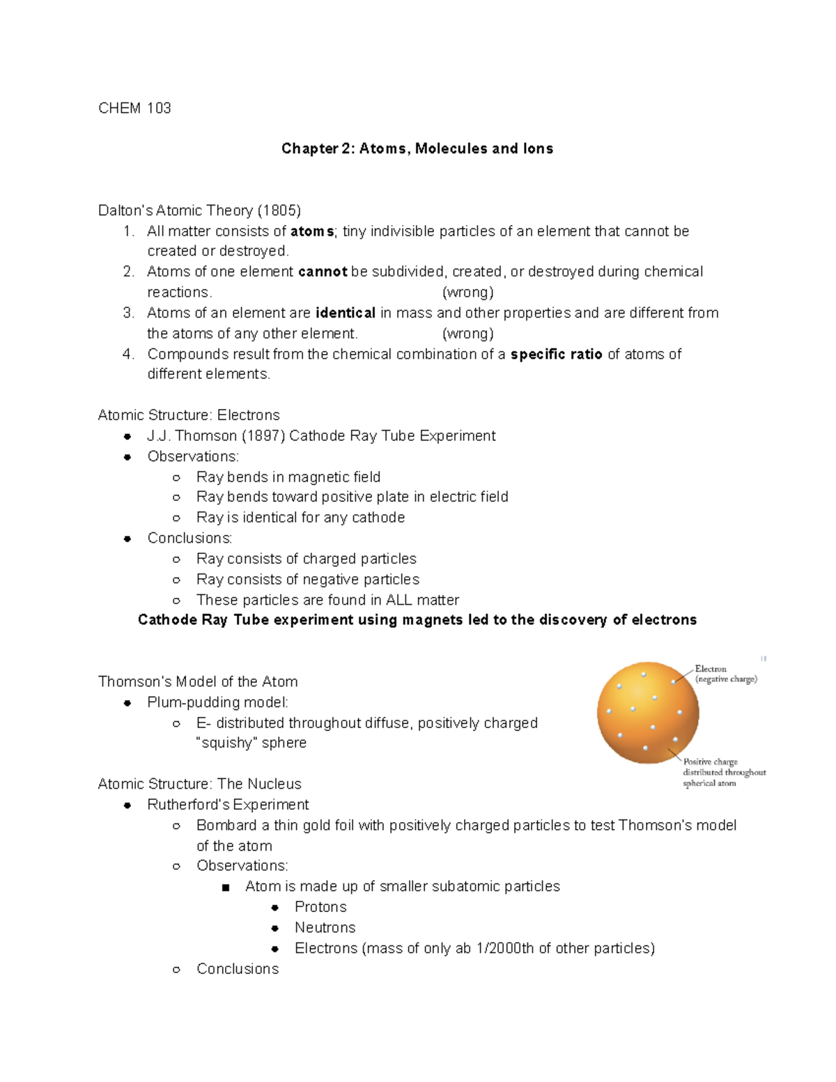CHEM 103 - Lecture notes 1-9 - CHEM 103 Chapter 2: Atoms, Molecules and ...