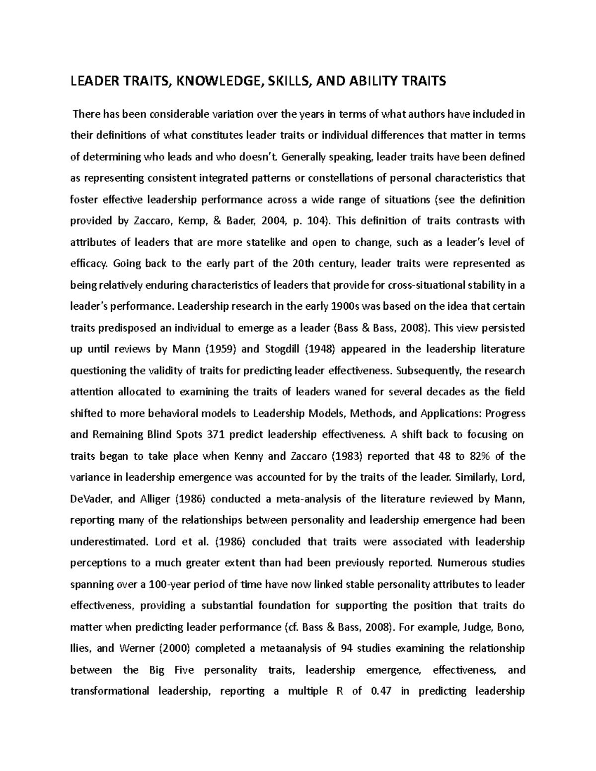 Leader Traits, Knowledge, Skills, AND Ability Traits - LEADER TRAITS ...