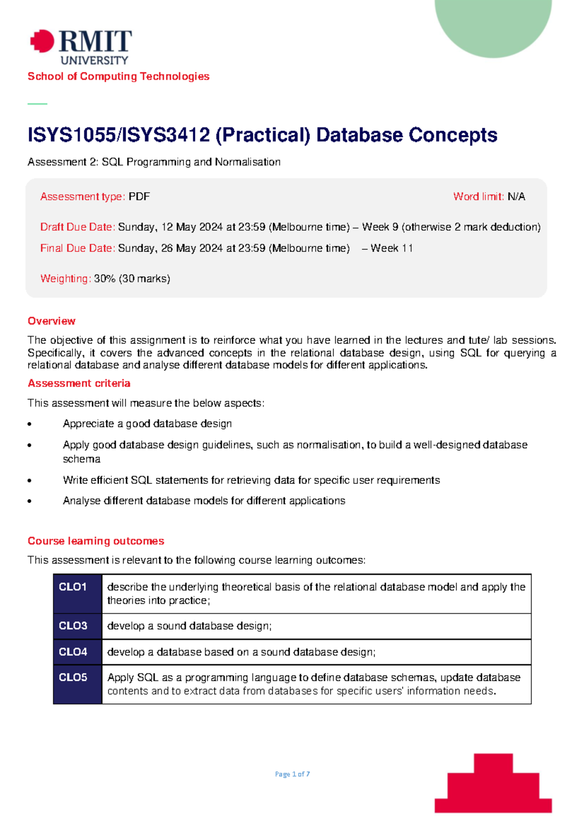 2024 S1 Assignment 2 - School of Computing Technologies — ISYS 1055 /ISYS3412 (Practical ...