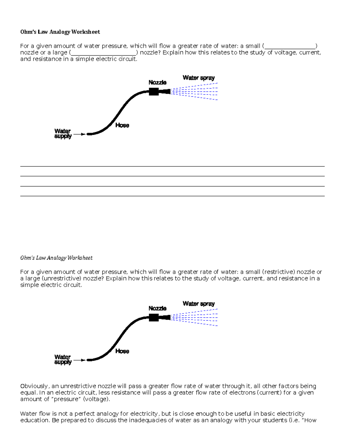 Ohms Law Analogy Worksheet - Ohm’s Law Analogy Worksheet For a given ...
