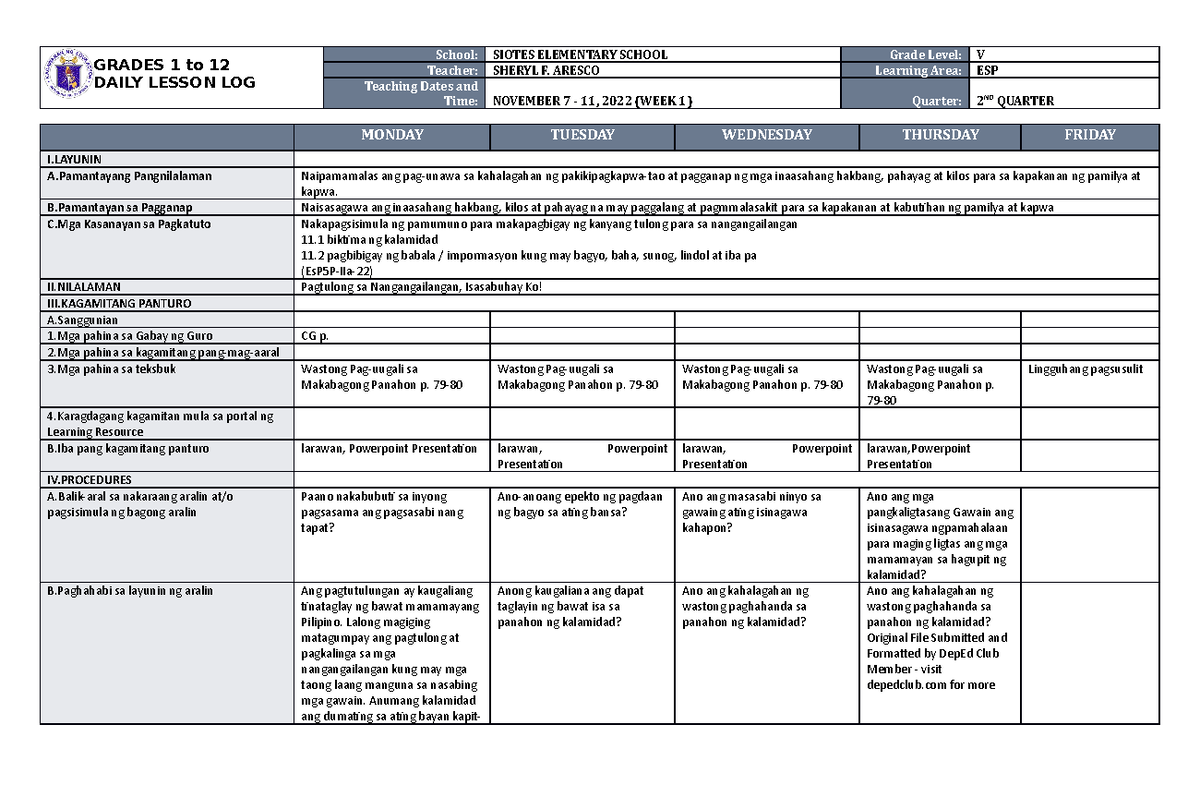 DLL ESP 5 Q2 W1 - UITYSDFGHJKL;'LKJHGF - GRADES 1 to 12 DAILY LESSON ...