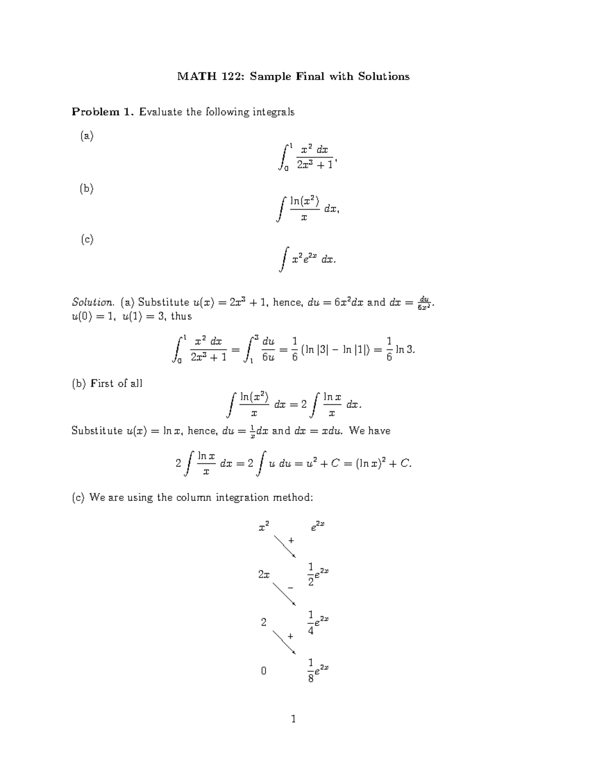 Sample final dec2008 solutions - MATH 122: Sample Final with Solutions ...