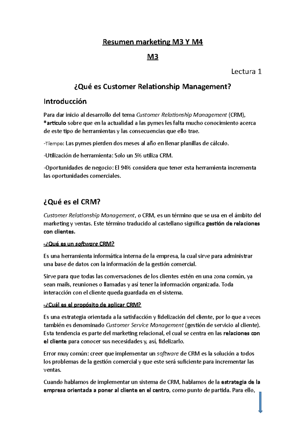 Filomeni. Resumen marketing M3 Y M4 - Resumen marketing M3 Y M M Lectura 1 ¿Qué es Customer ...
