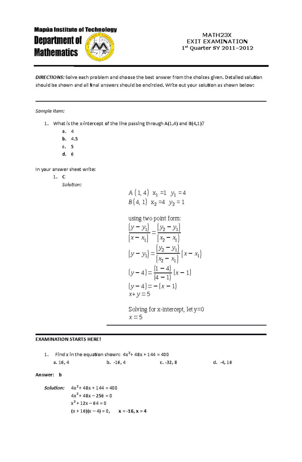 Exam November 2012, questions and answers - MATH23X EXIT EXAMINATION ...