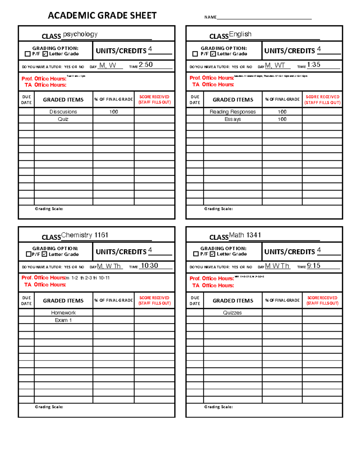Academic Grade Sheet Fall2023 - NAME ...