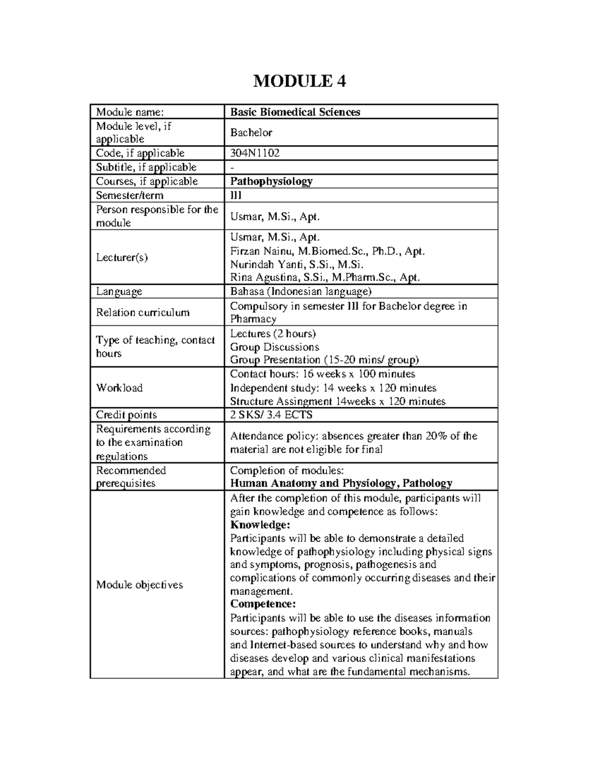 Module Pathophysiology - MODULE 4 Module name: Basic Biomedical ...