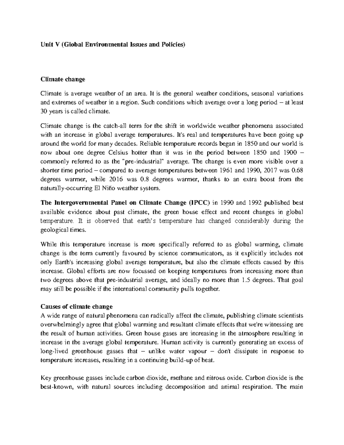 Unit 5 - Unit V (Global Environmental Issues and Policies) Climate ...