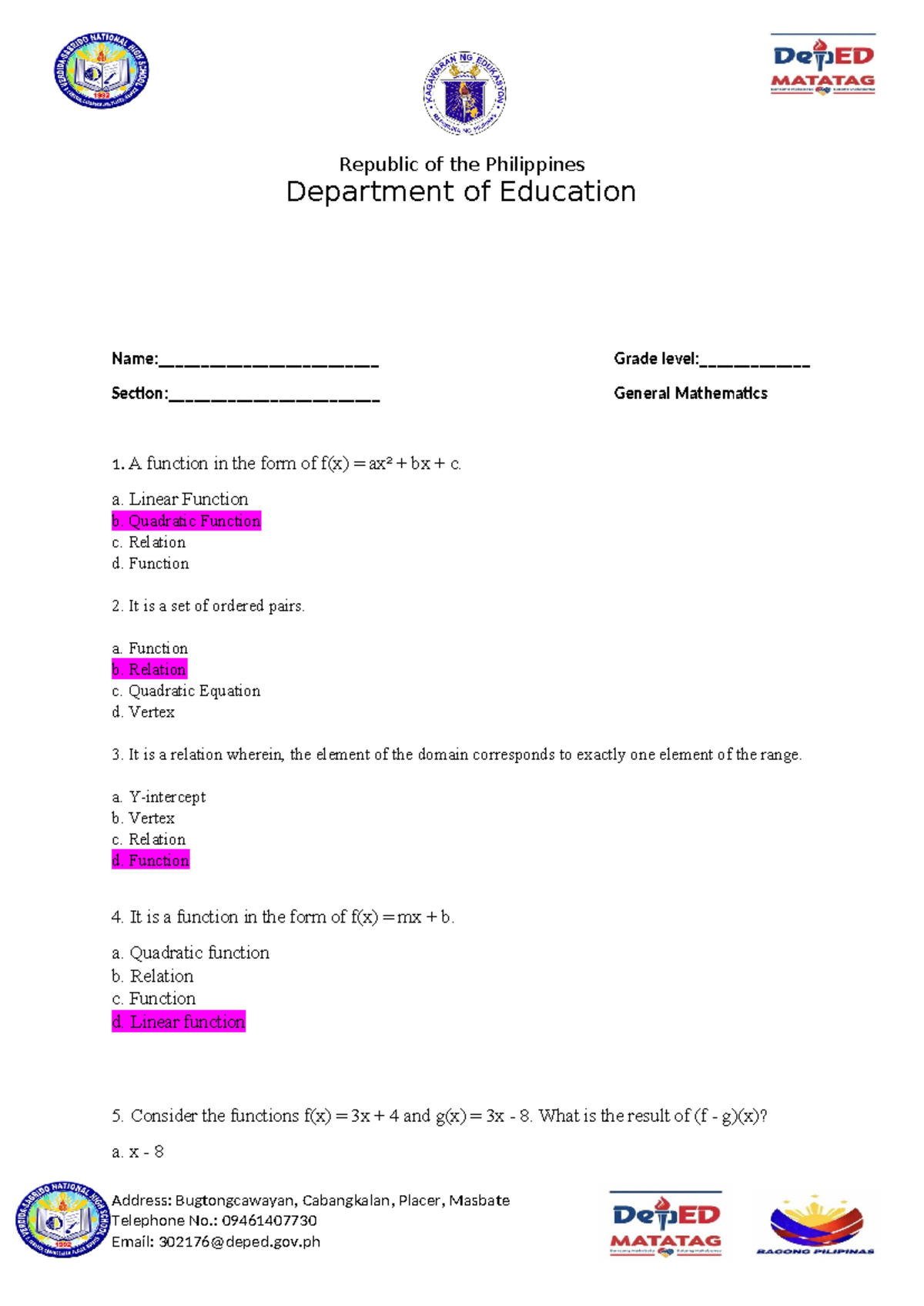 Test Paper(Gen Math) - Republic of the Philippines Department of ...