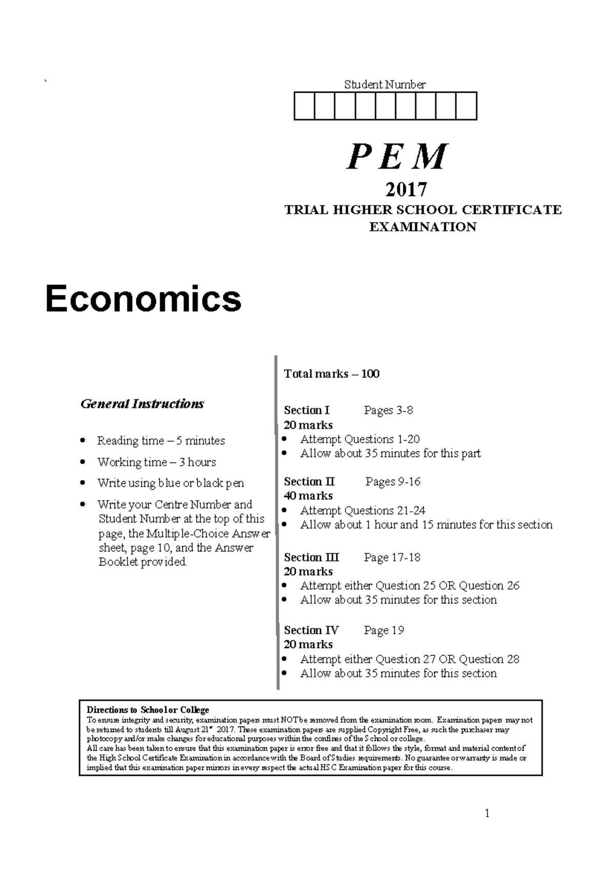 PEM 2017 Economics Trial HSC Examination paper - ` Student Number ...
