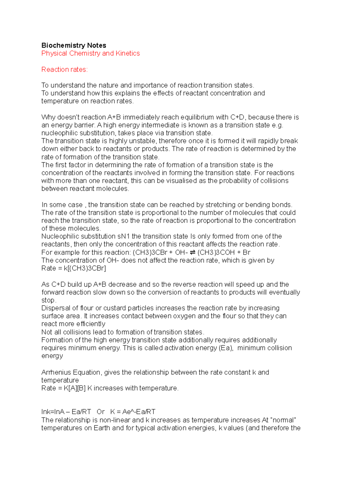 Biochemistry Notes - Summary kinetics, reaction rates, redox and ...