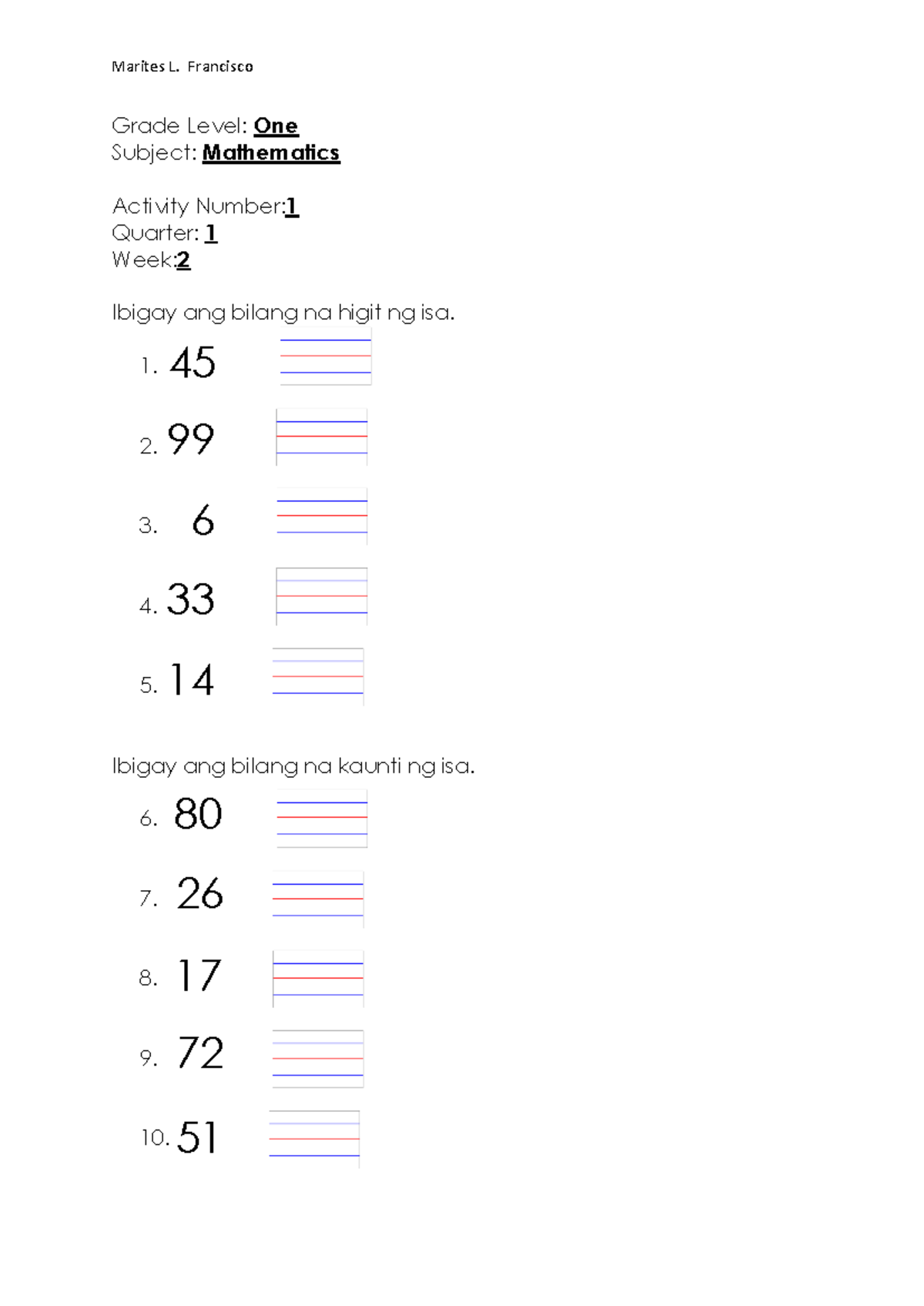 Math Worksheet 1 Gr1-Q1 Wk2 Francisco - Grade Level: One Subject ...