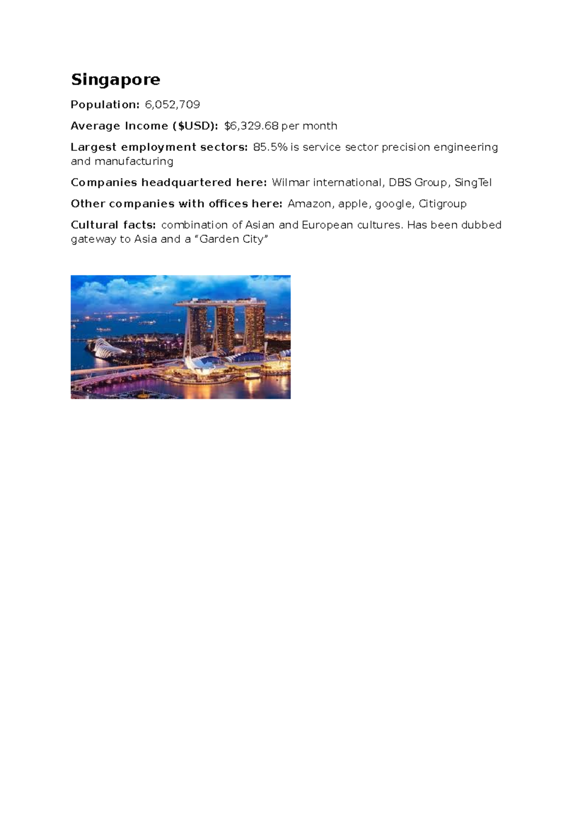 Singapore fact file - Singapore Population: 6,052, Average Income ($USD ...