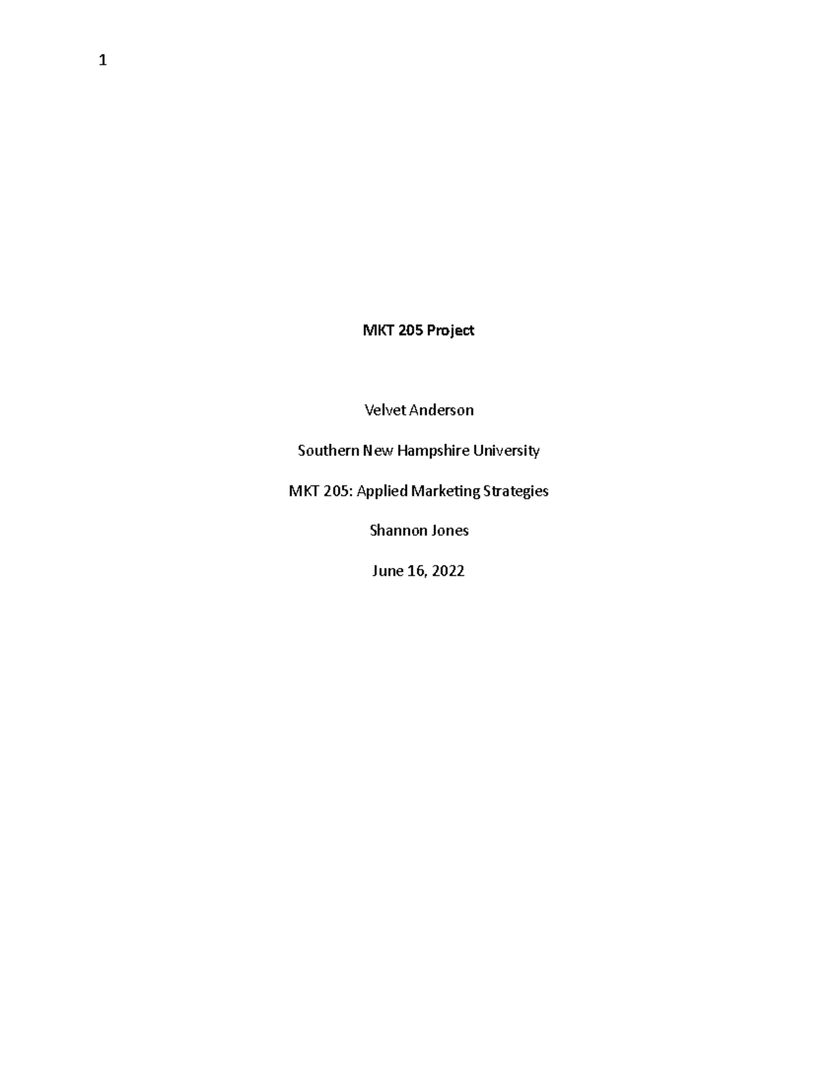 MKT205 Project - Assignment - MKT 205 Project Velvet Anderson Southern ...