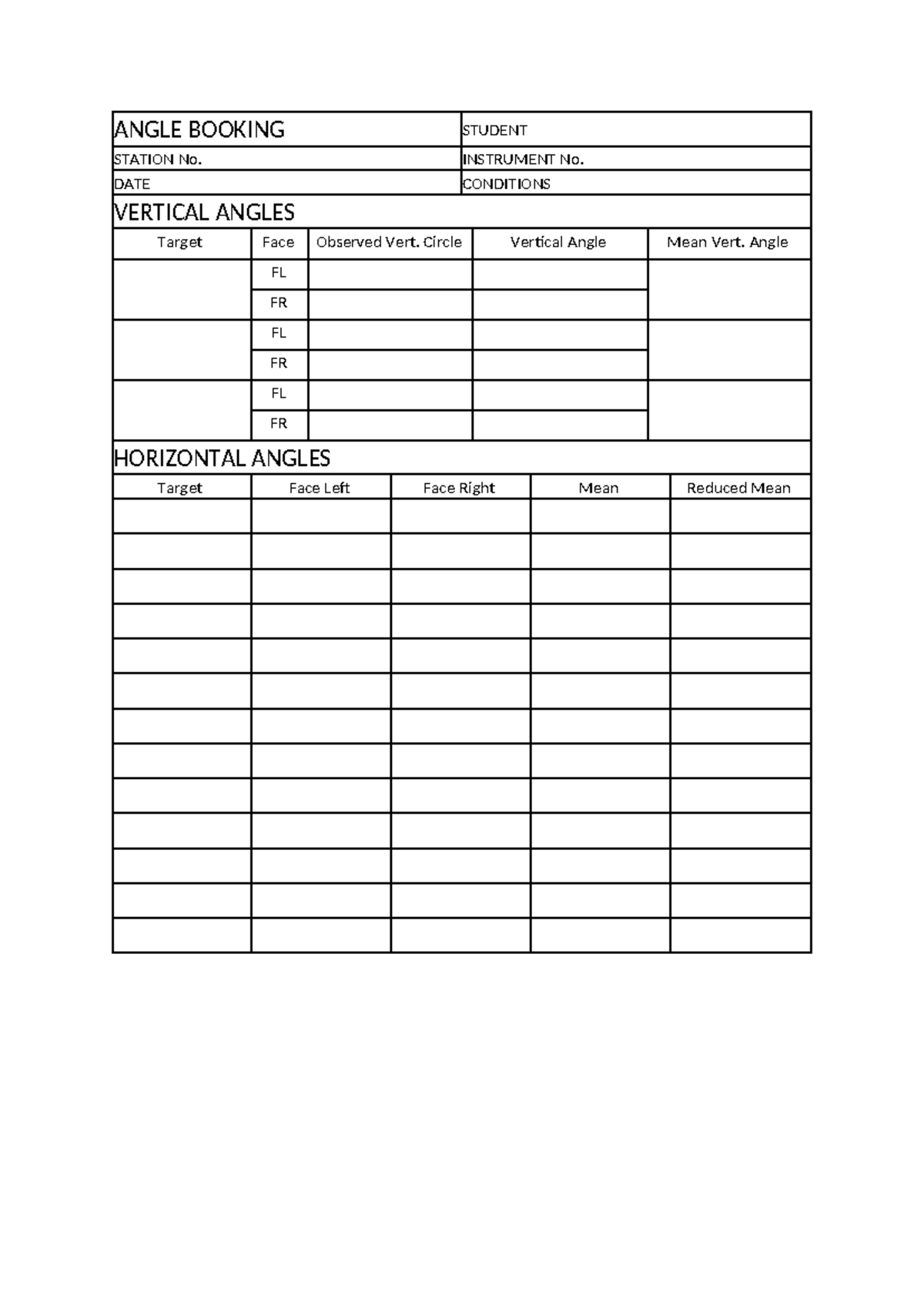 Angle Booking sheet - ANGLE BOOKING STUDENT STATION No. INSTRUMENT No. DATE CONDITIONS VERTICAL ...