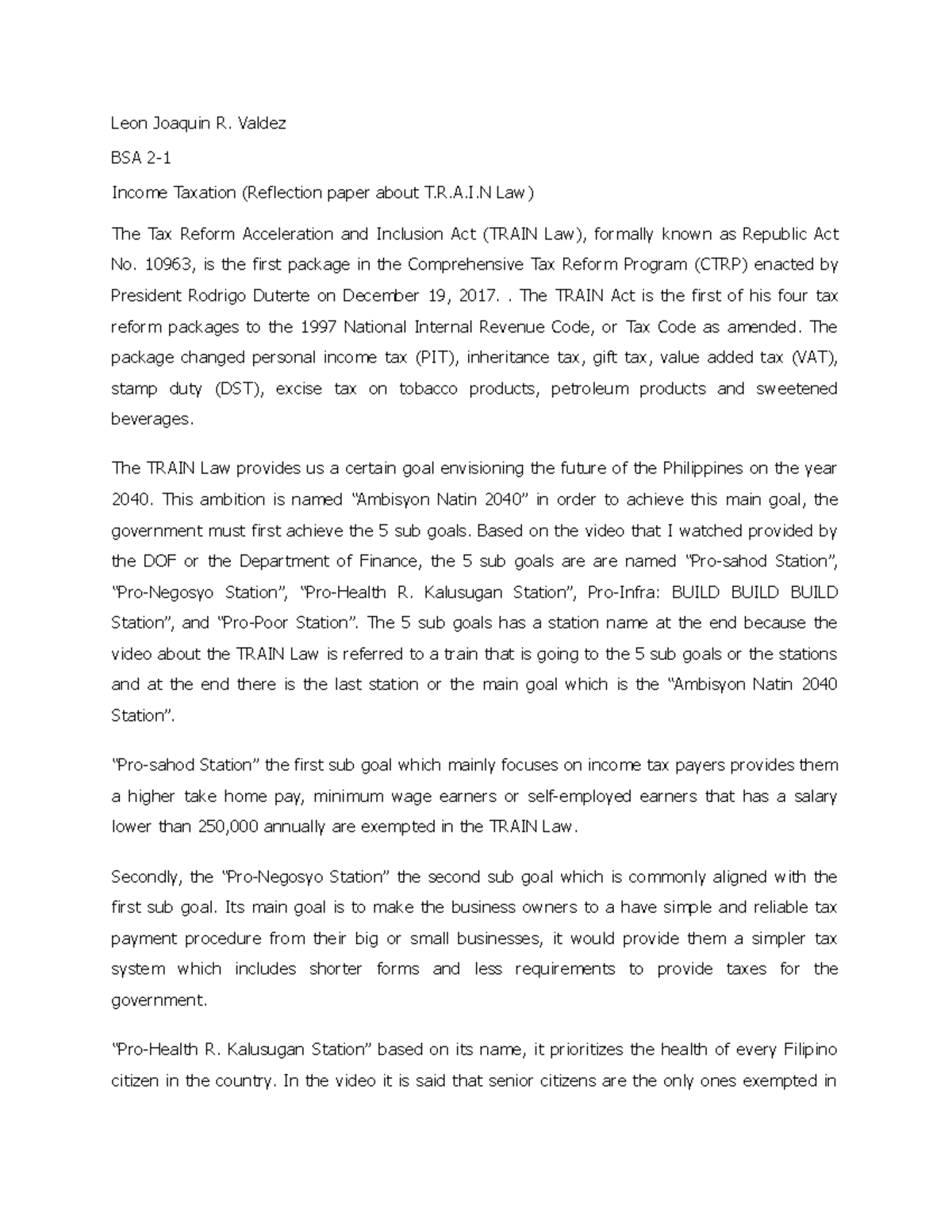 Leon Joaquin R. Valdez; BSA2-1; Income Taxation ( Train Law Reflection ...