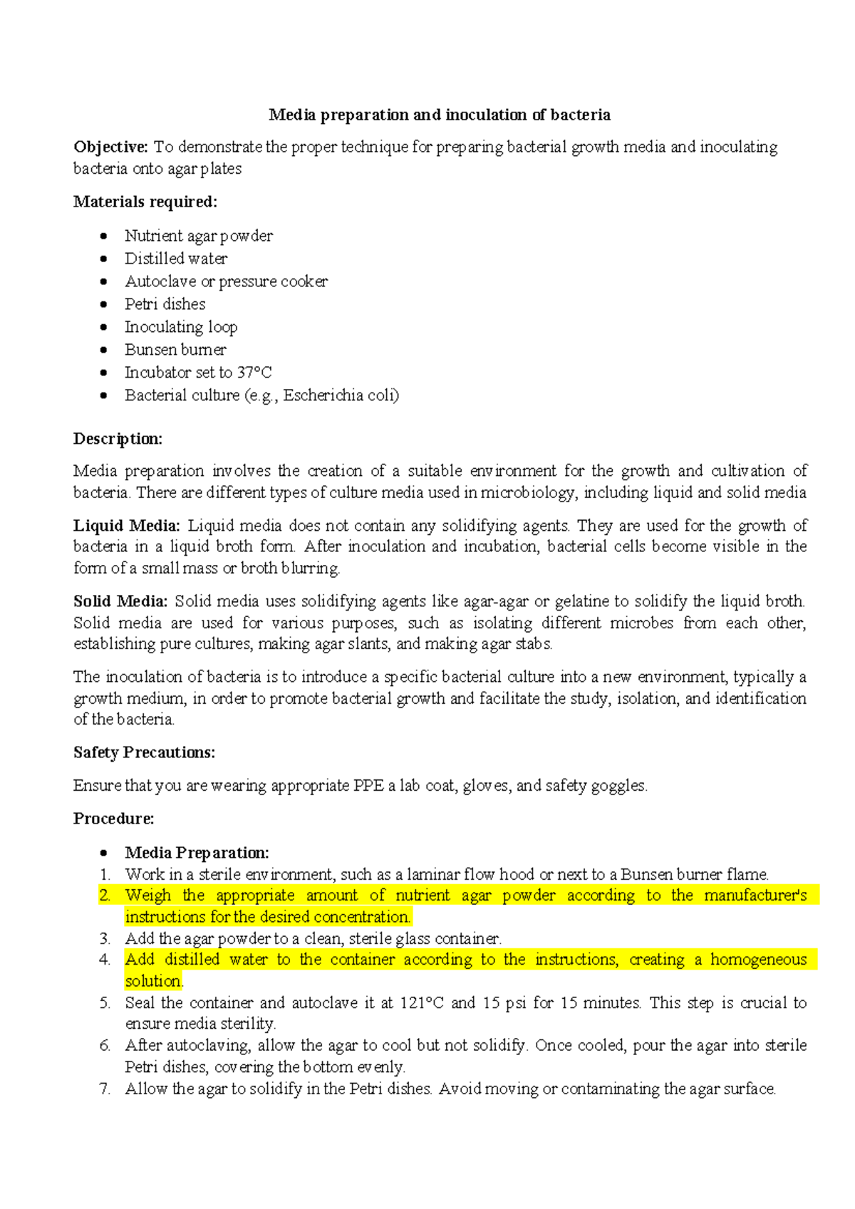 Media preparation - , Escherichia coli) Description: Media preparation ...