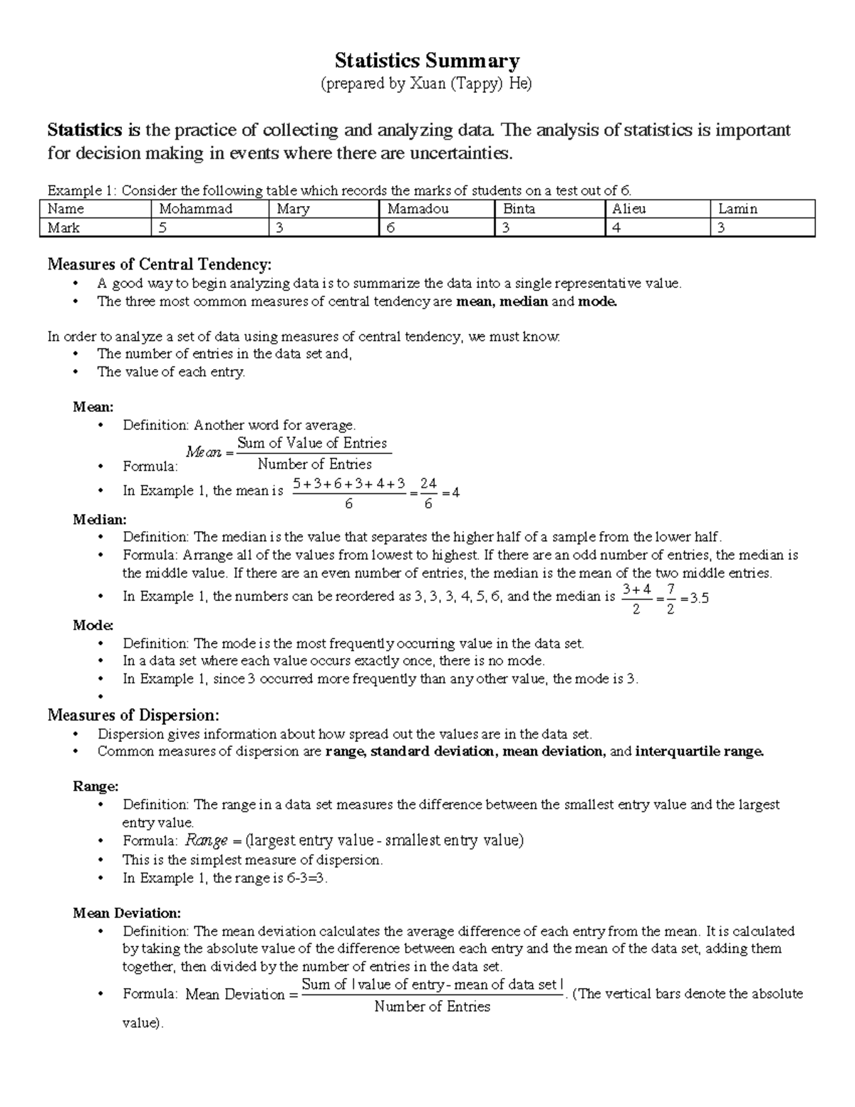 Statistics reviewer - Statistics Summary (prepared by Xuan (Tappy) He ...
