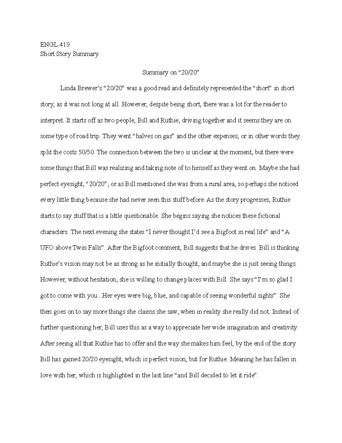 ENGL 419 Short Story Summary - ENGL 419 Short Story Summary Summary on ...