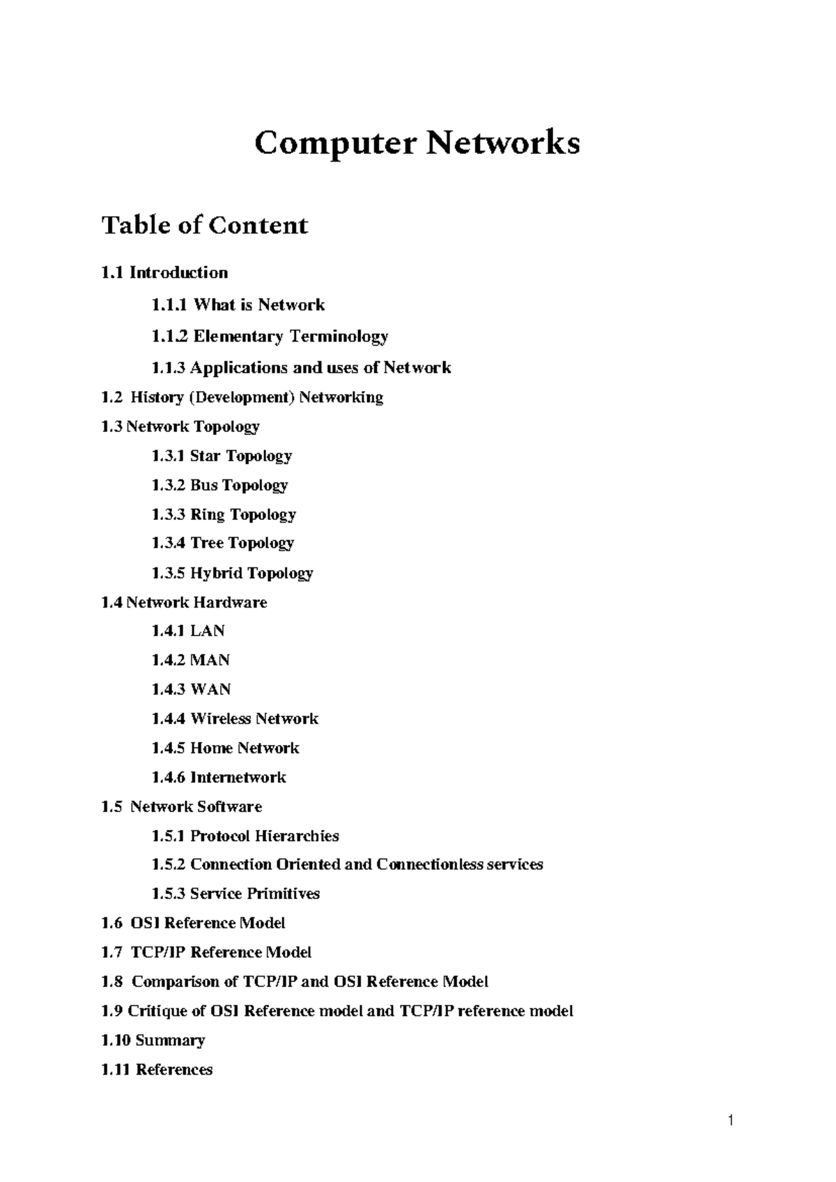 Computer Networks A - Computer Networks Table of Content 1 Introduction ...