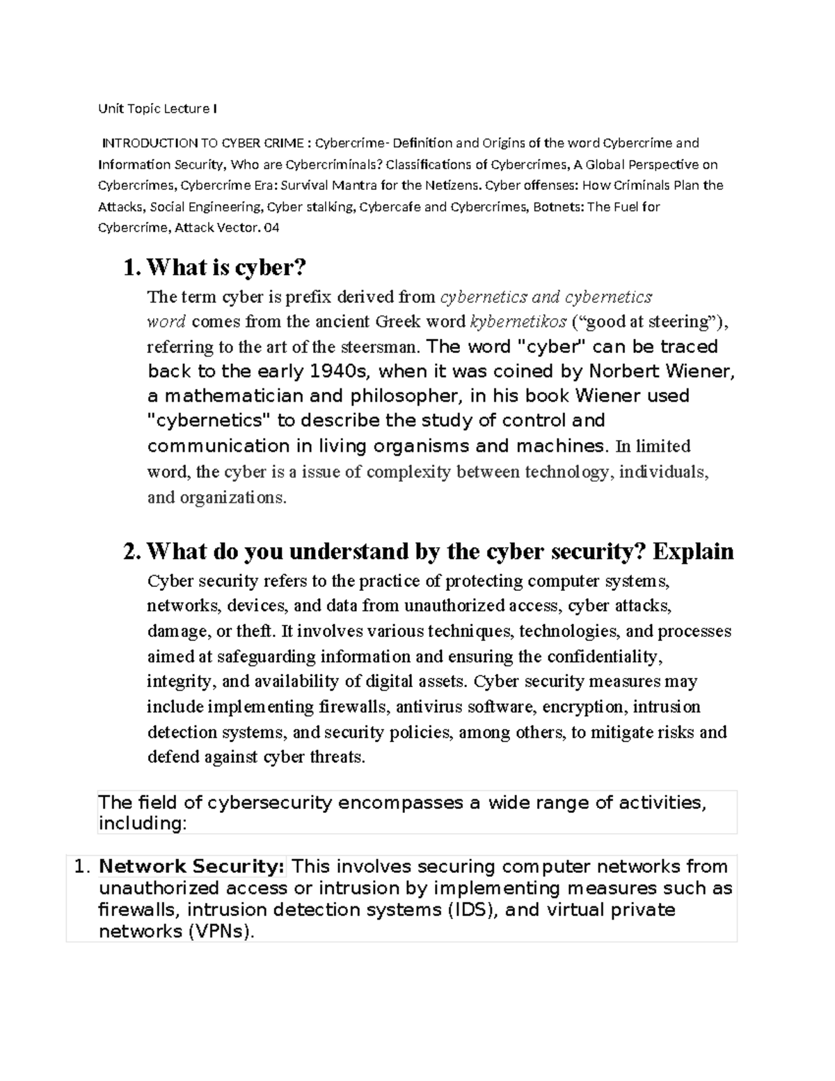 Cyber Unit-1 notes - Unit Topic Lecture I INTRODUCTION TO CYBER CRIME ...