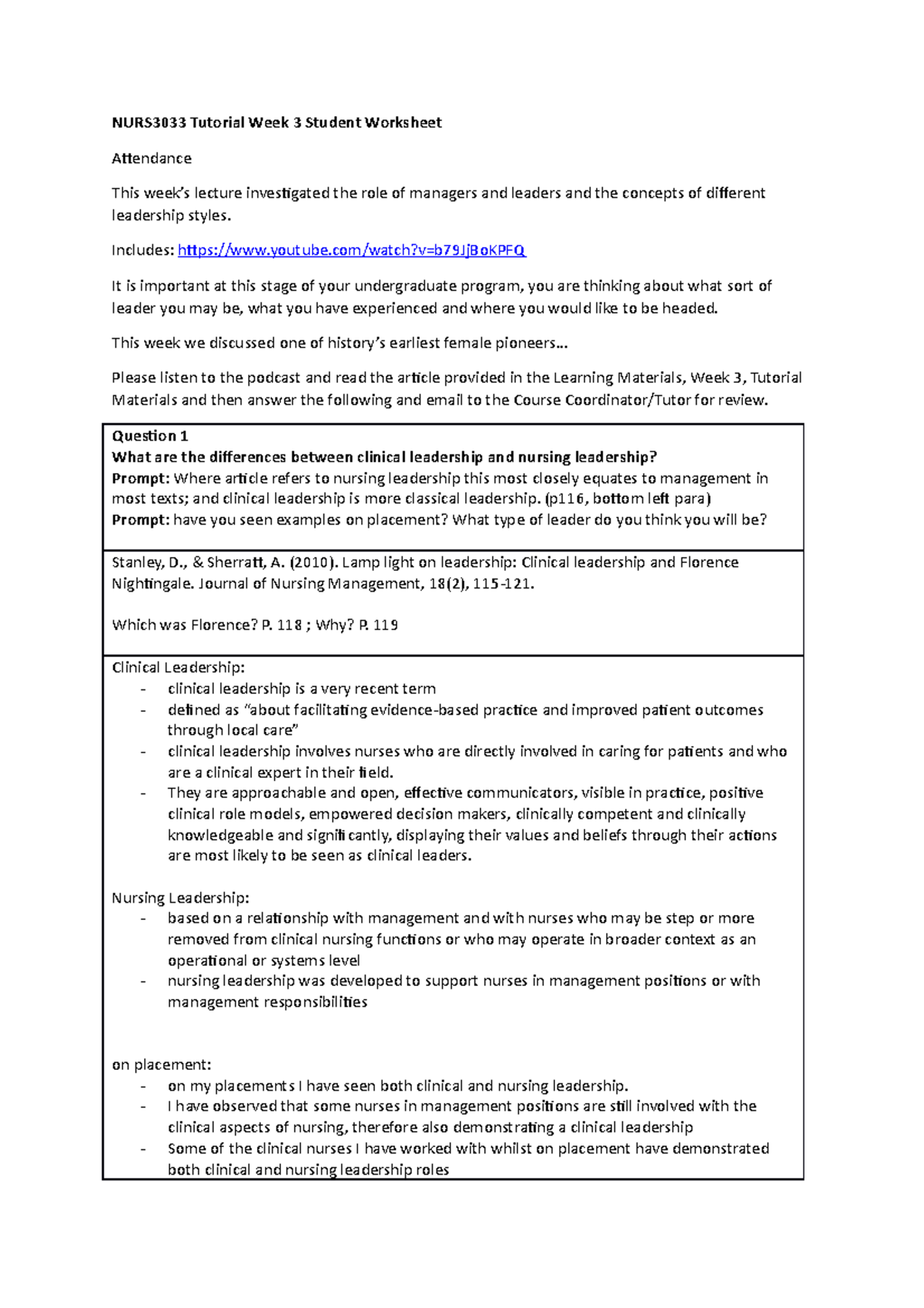 Trans week 3 tute - tutorial work - NURS3033 Tutorial Week 3 Student ...
