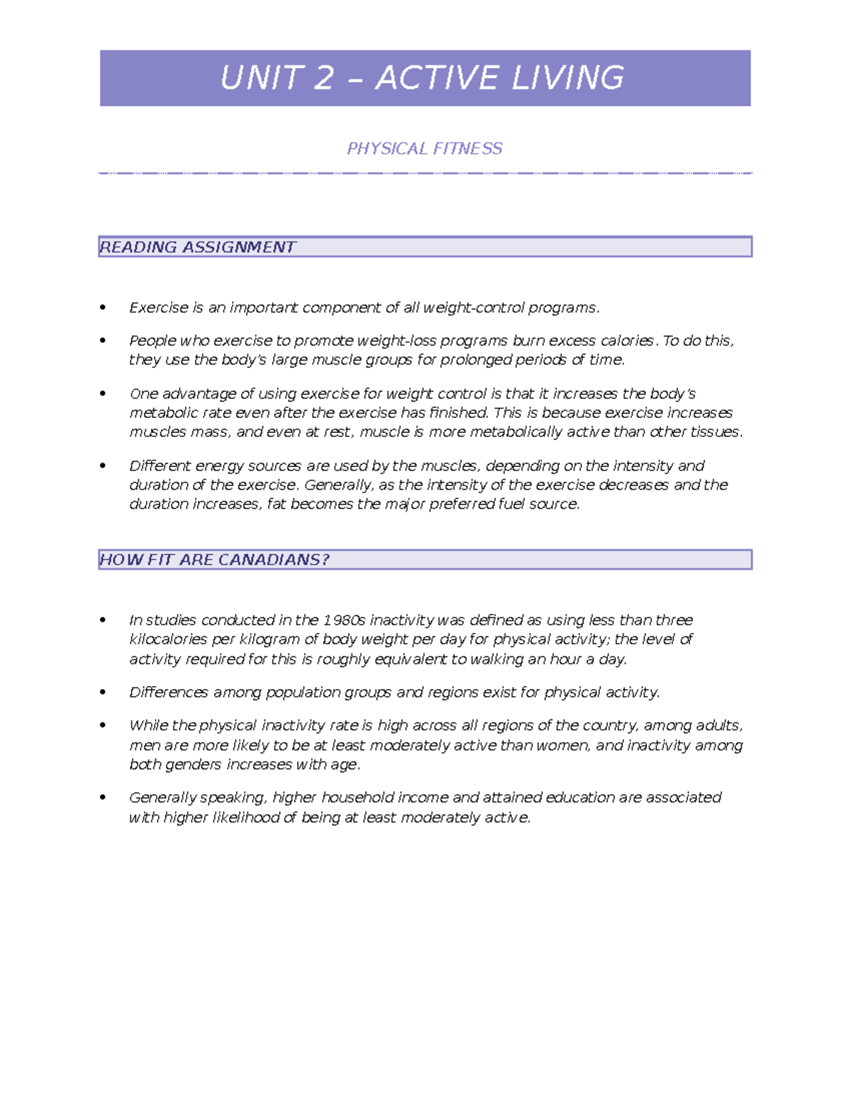 Unit 2 Study Notes - UNIT 2 – ACTIVE LIVING PHYSICAL FITNESS READING ...