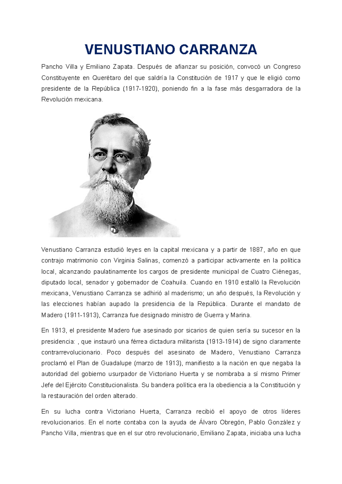 Venustino Biografía - VENUSTIANO CARRANZA Pancho Villa y Emiliano ...