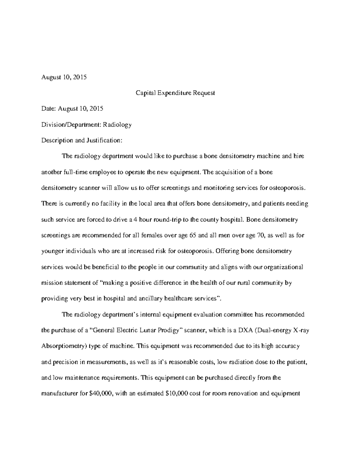 Sample Capital Equipment Purchase Request - Jason Haffner BMS 463 ...