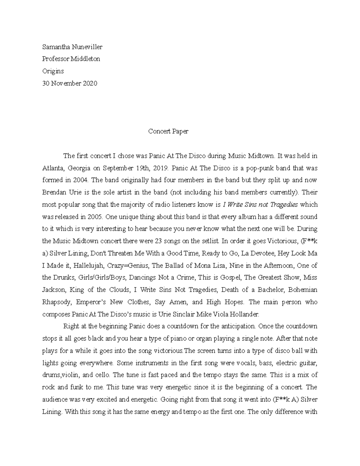Concert Paper - Samantha Nuneviller Professor Middleton Origins 30 ...