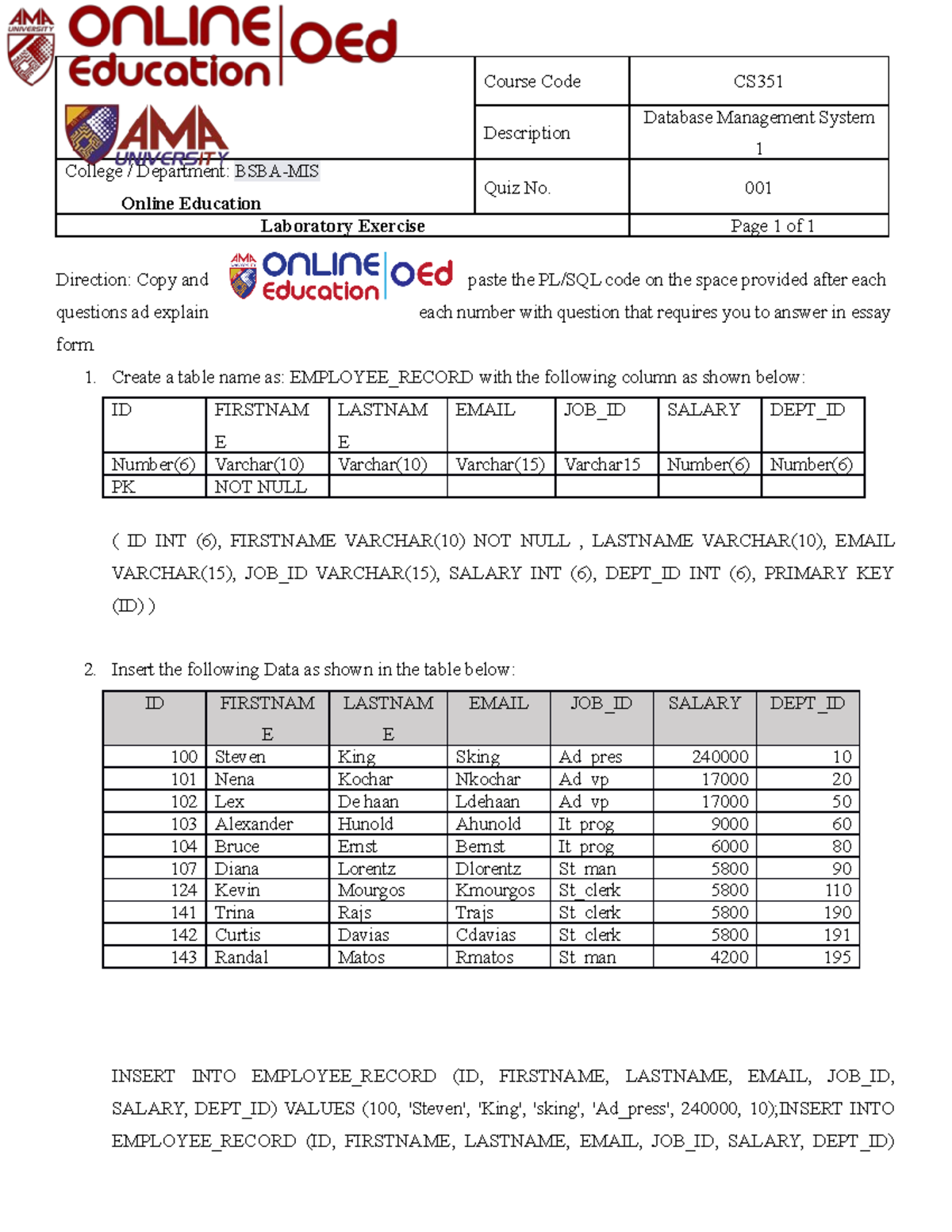 Week004-DML-Lab Exer 001 - Course Code CS Description Database ...