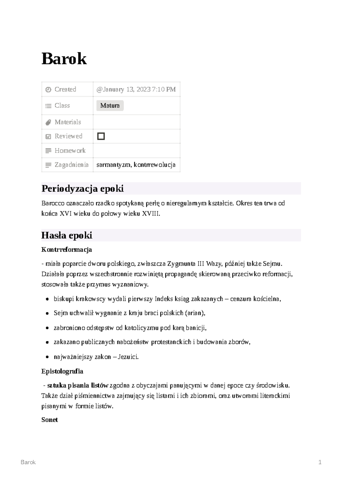 Barok - Barok Created Class Matura Materials Reviewed Homework Zagadnienia sarmantyzm, - Studocu