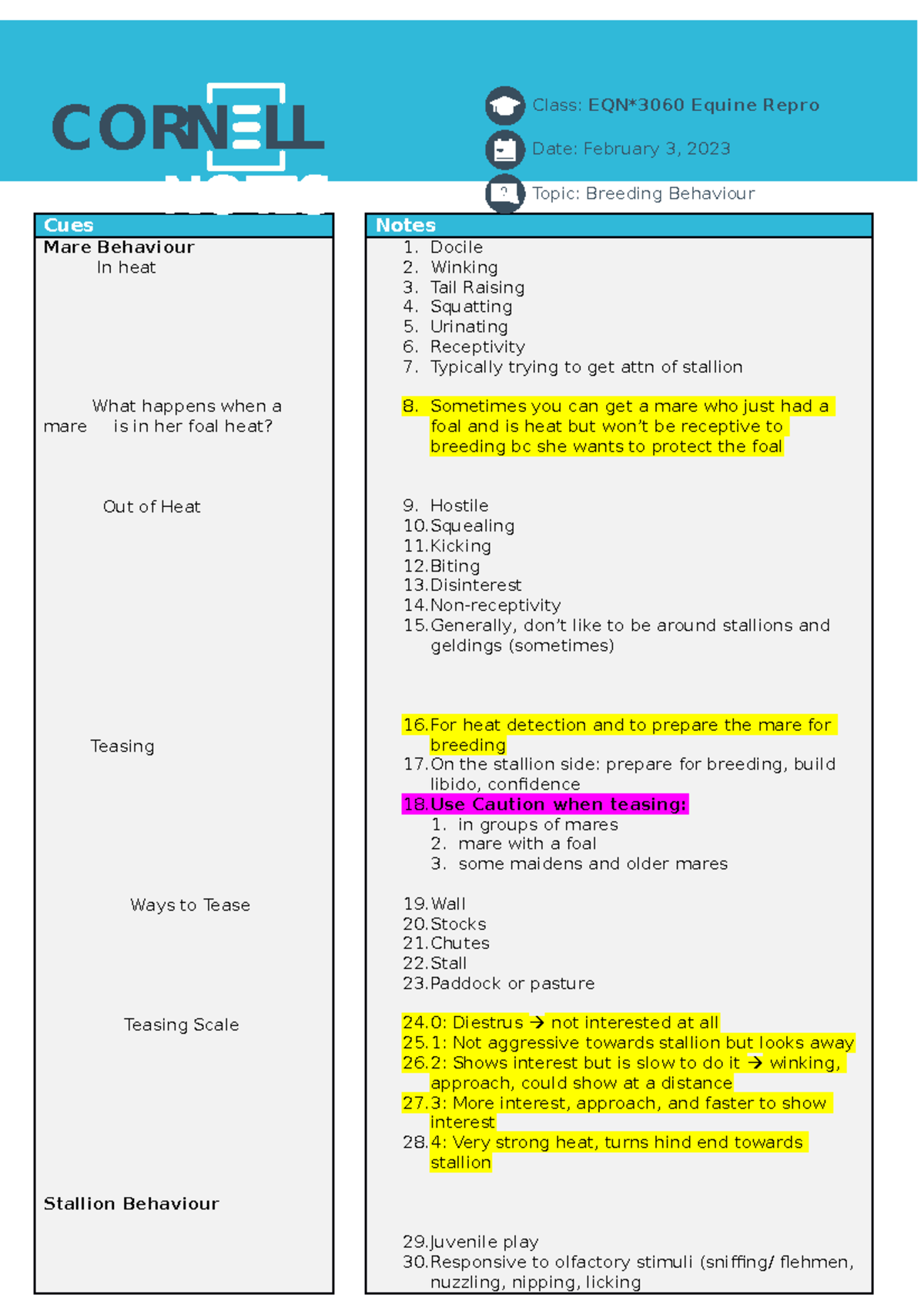 Cornell Notes 1 - Cues Notes Mare Behaviour In heat What happens when a ...