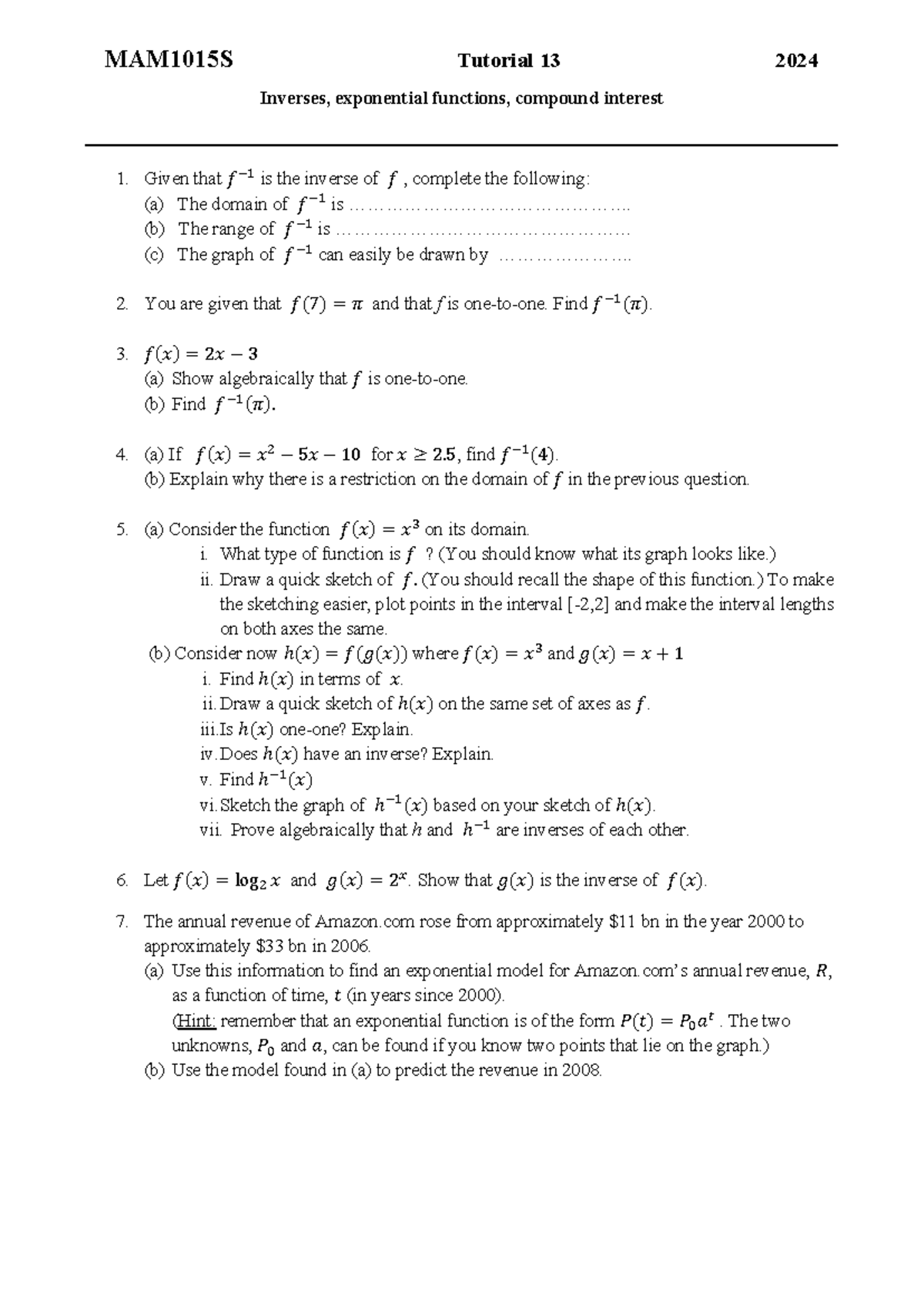 Tutorial 13 - Very helpful - MAM1015S Tutorial 13 2024 Inverses ...