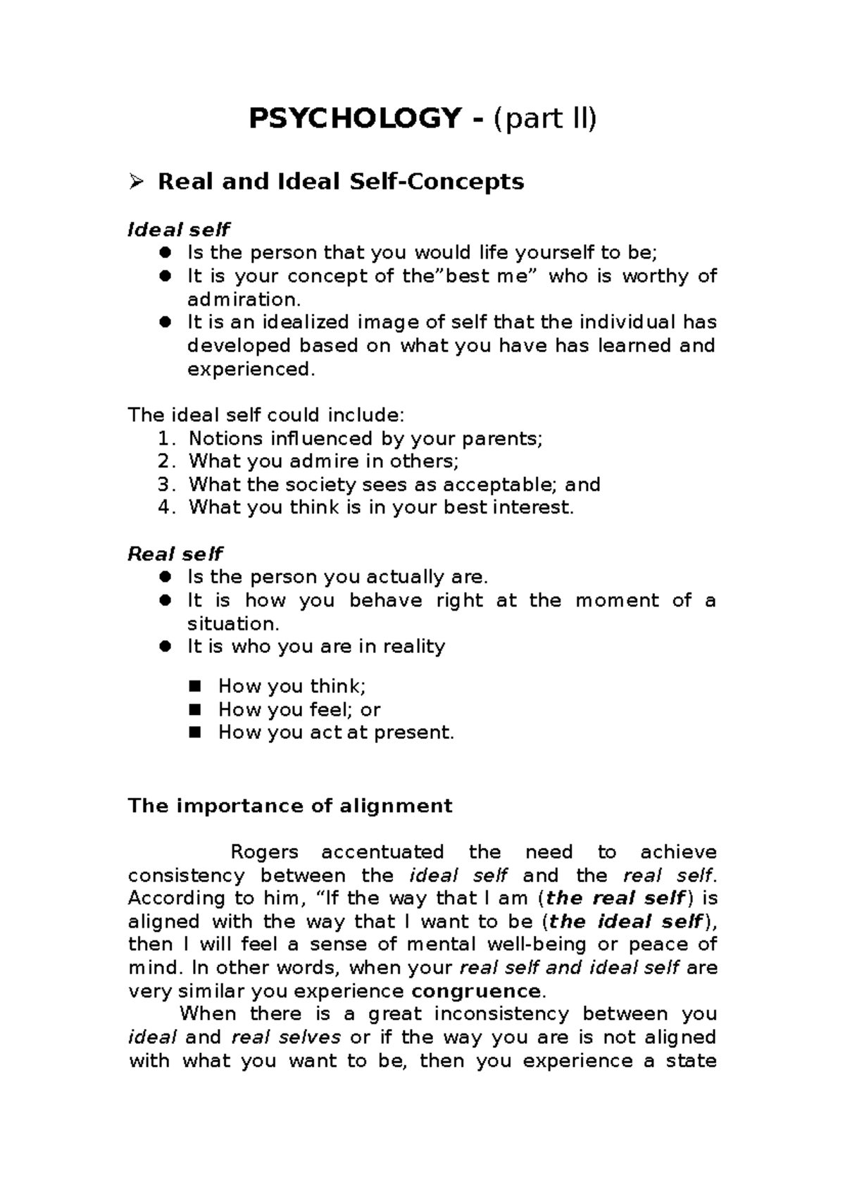 Psychology Ll PSYCHOLOGY part Ll Real And Ideal Self Concepts