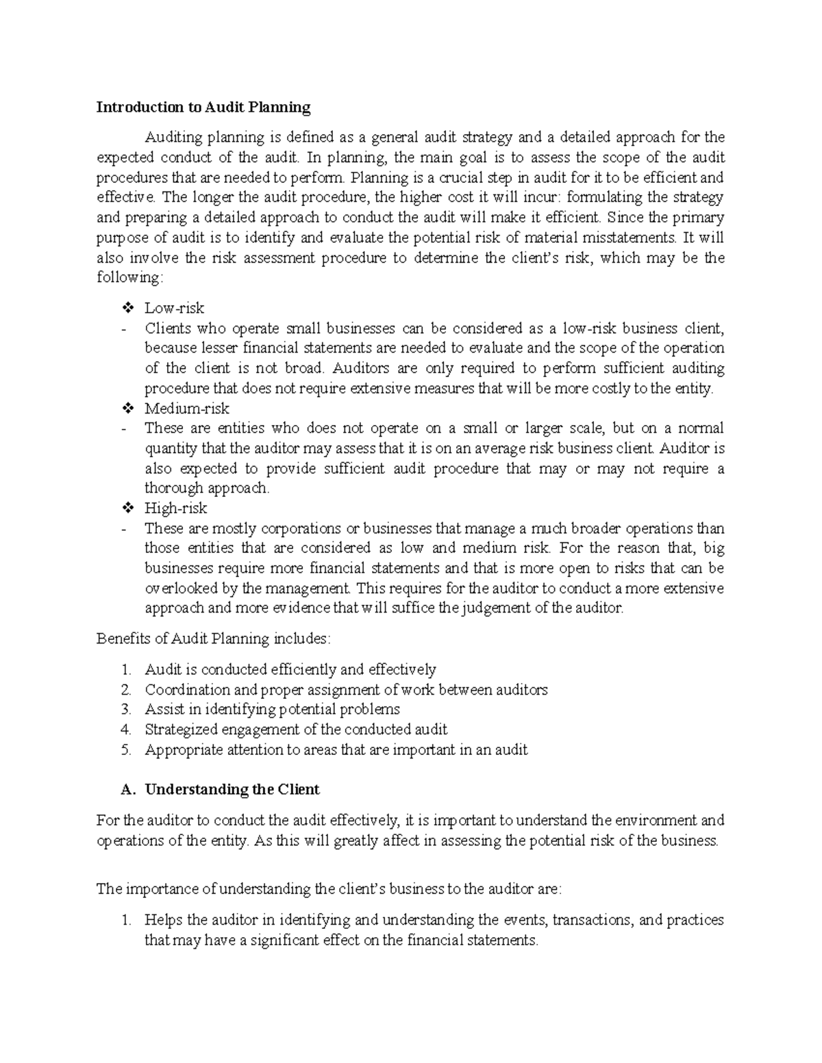 Introduction to Audit Planning - Introduction to Audit Planning ...