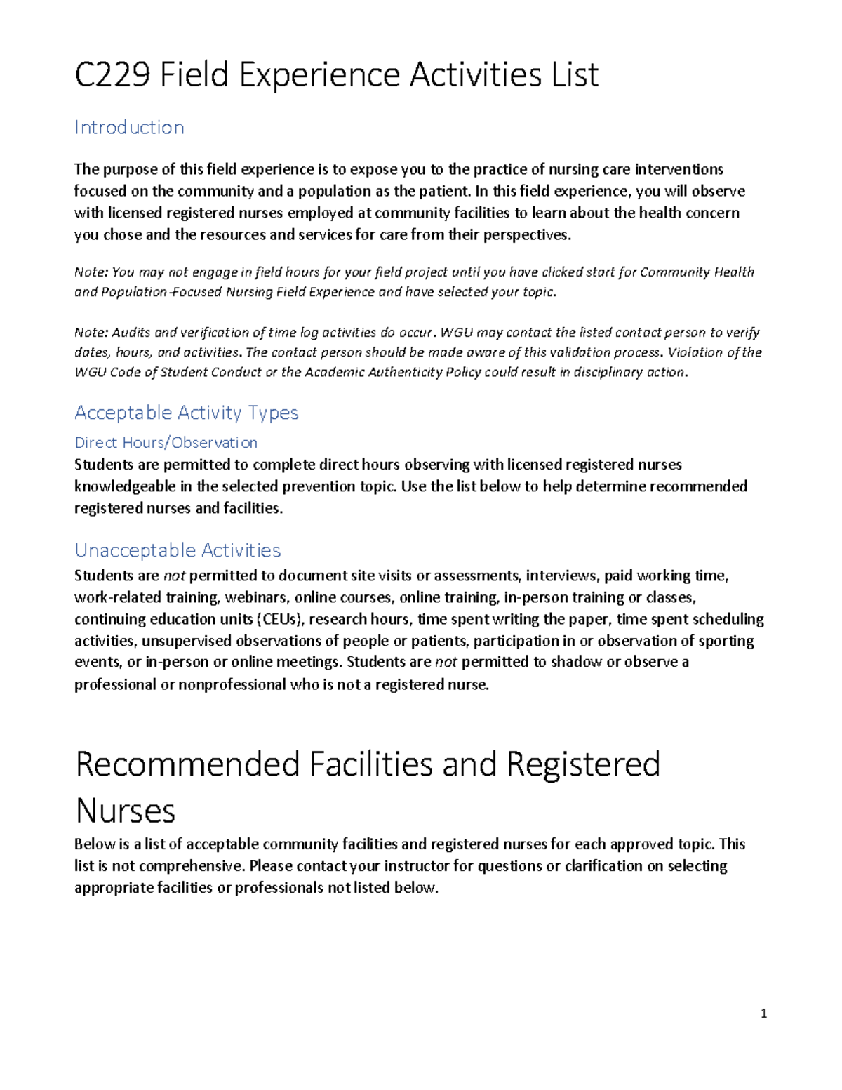 C229 field activities list - C229 Field Experience Activities List ...