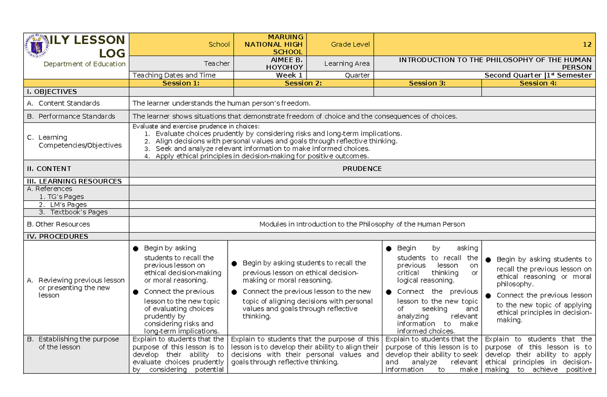 DLL philosophy Q2 WEEK 1 - DAILY LESSON LOG Department of Education ...