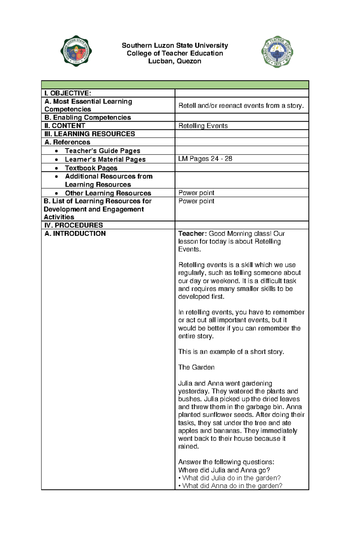 ENG GR2 QTR3 WK 5 Retelling Story Lesson Plan - Southern Luzon State ...