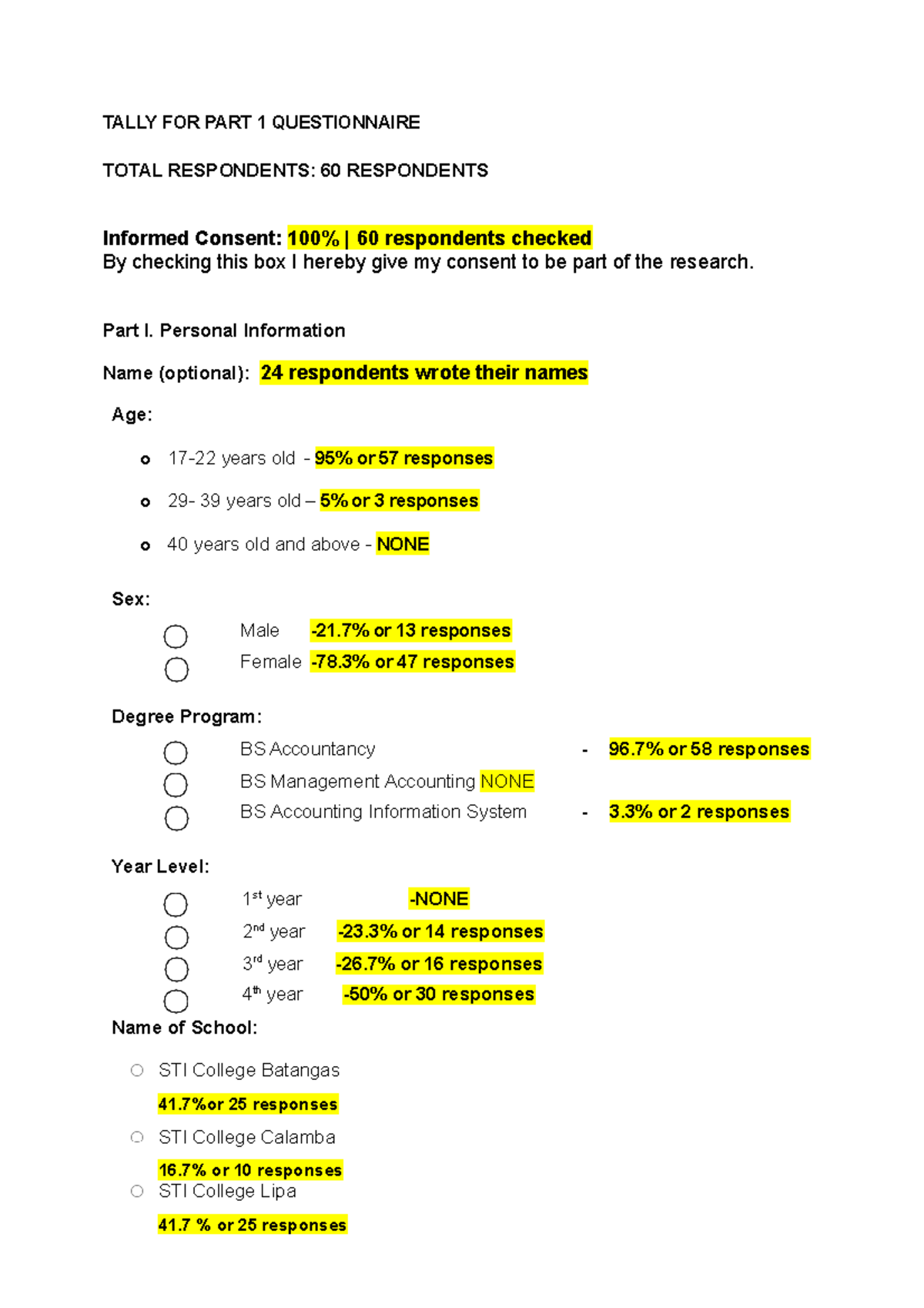 Tally FOR PART 1 Questionnaire for respondents - TALLY FOR PART 1 ...