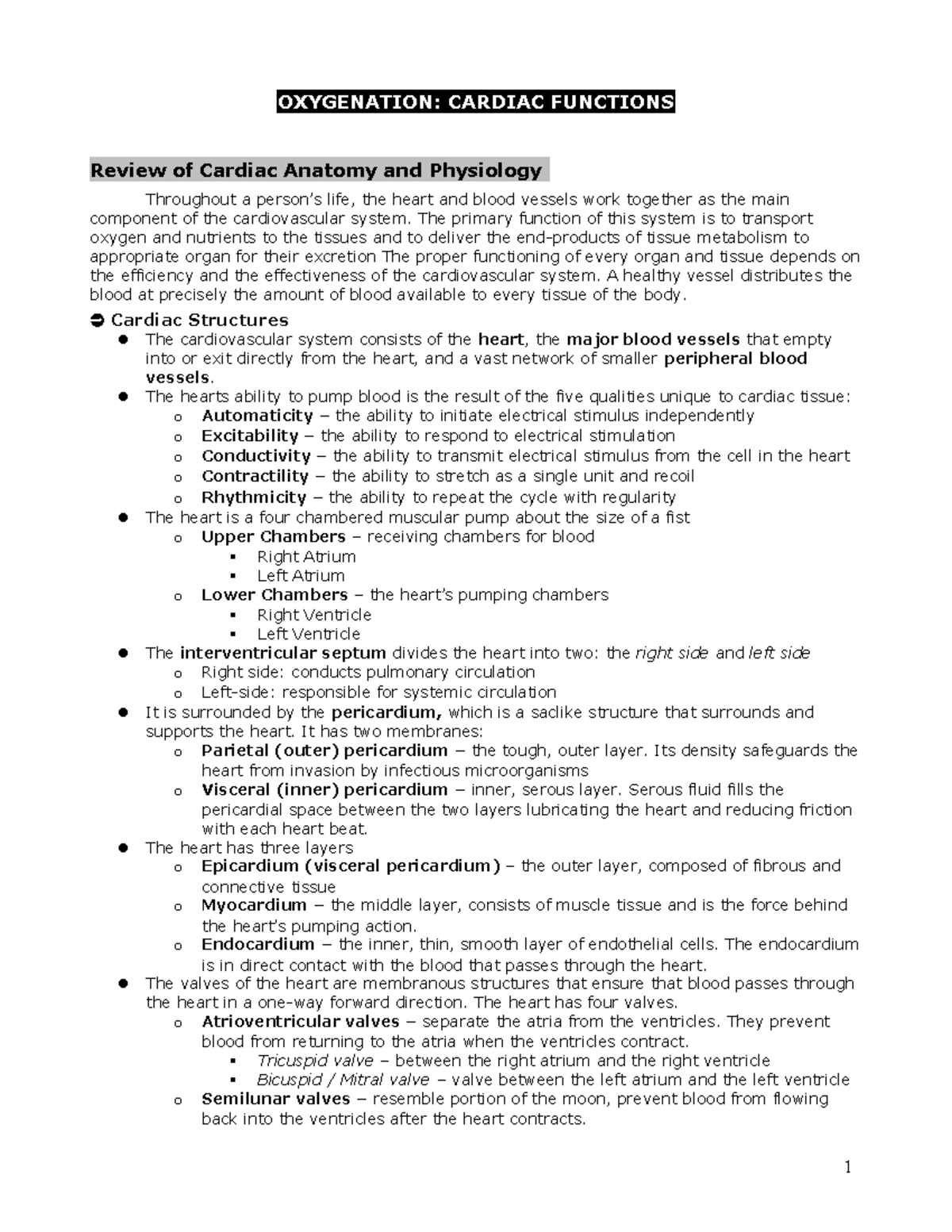 Cardiac-Physiology notes - OXYGENATION: CARDIAC FUNCTIONS Review of ...