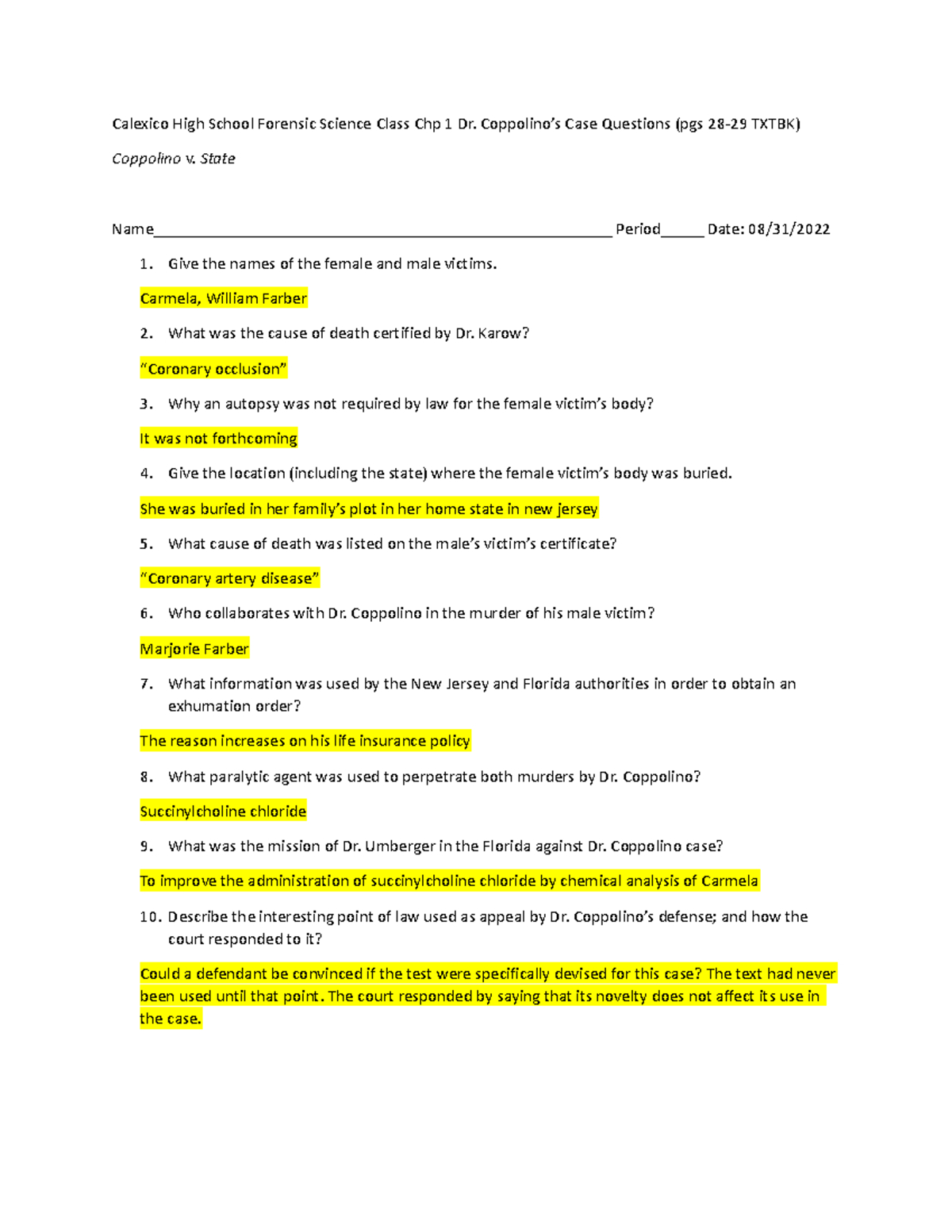 Chp 1 Dr Coppolino's Case Q's - Calexico High School Forensic Science ...