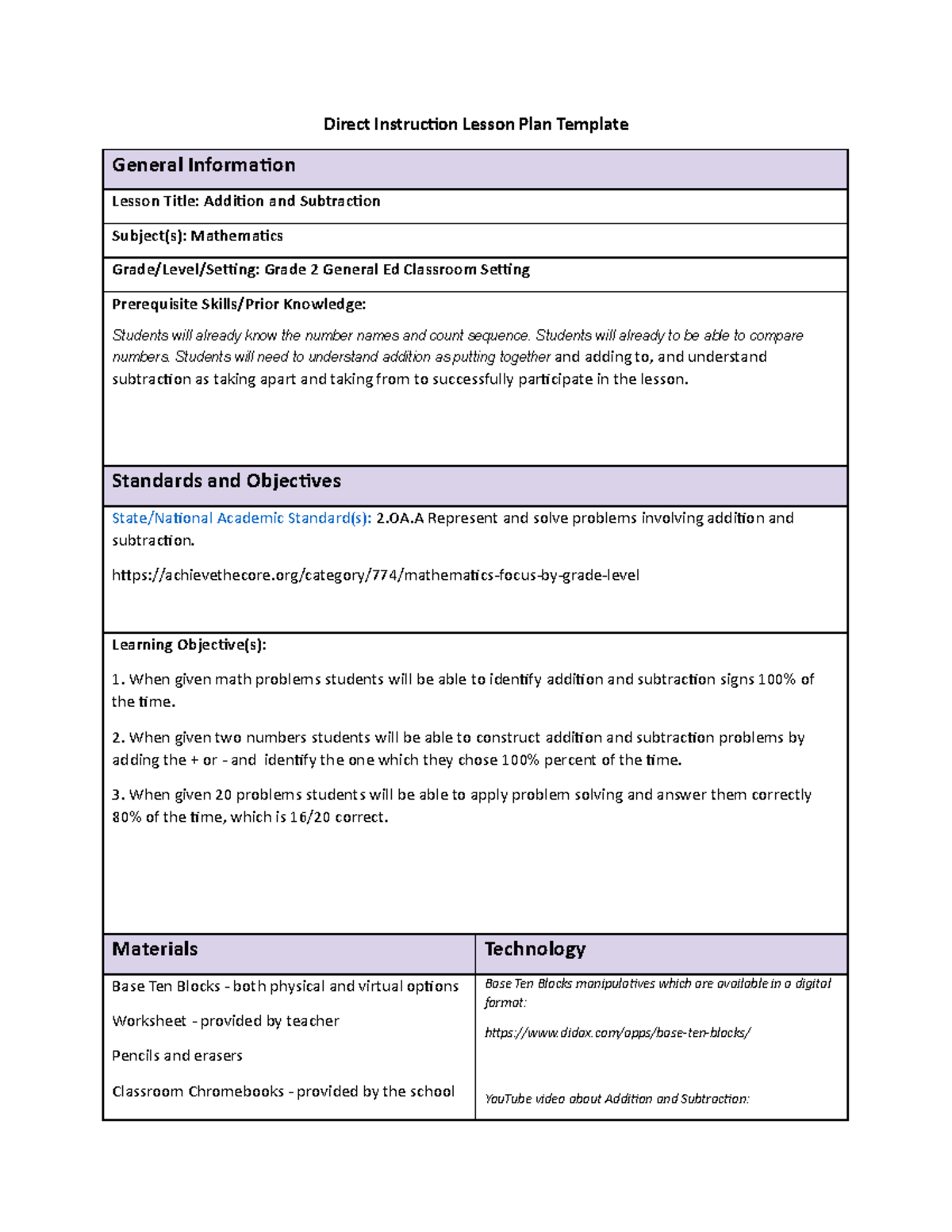 Lp direct instruction lesson plan template - Direct Instruction Lesson ...