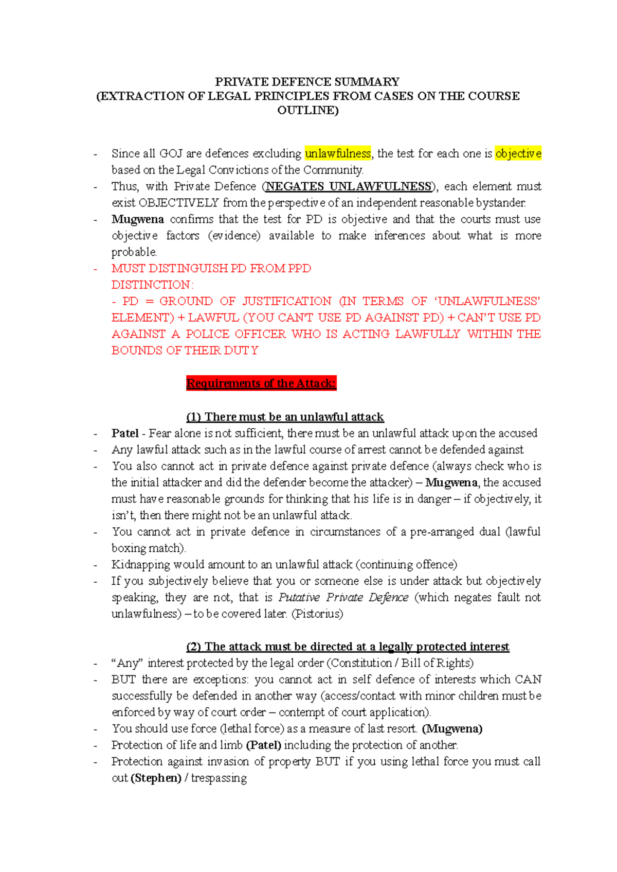 Criminal Law Private Defence Principles Summary Part 3 - PRIVATE ...