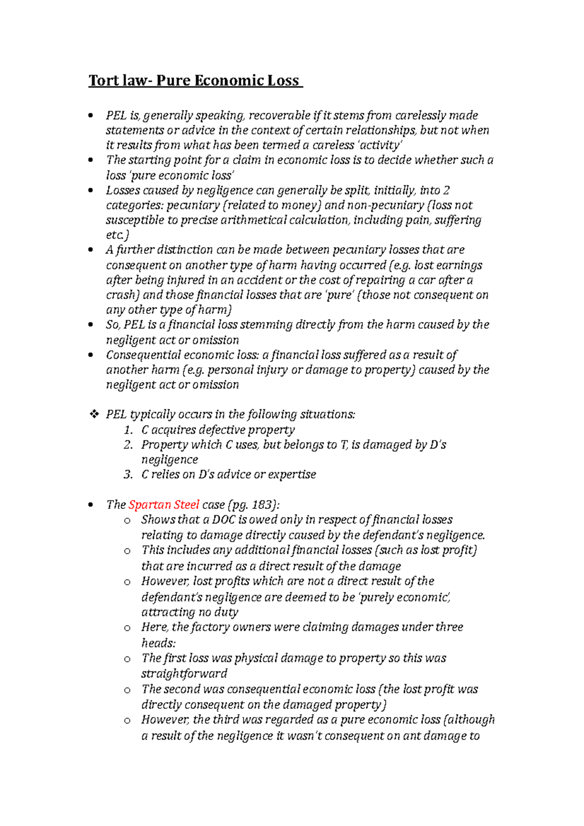 Tort- PEL notes - Tort law- Pure Economic Loss PEL is, generally ...
